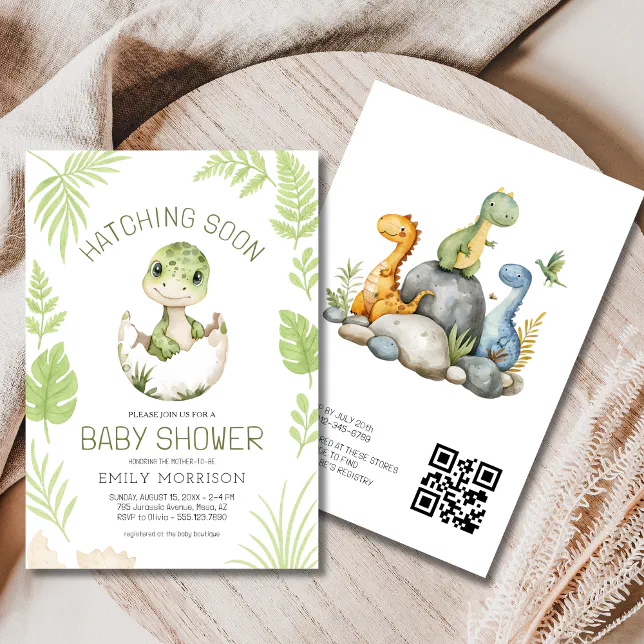 QR Code Cute Dinosaur Hatching Soon Baby Shower Invitation | Zazzle