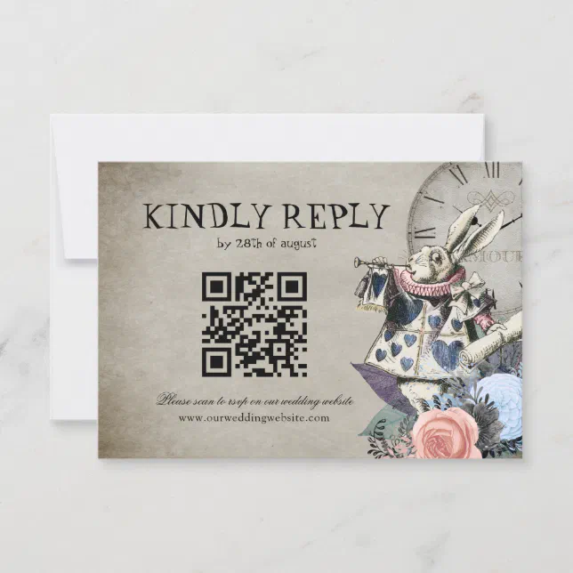 QR Code Dusty Blue Alice in Wonderland Wedding RSVP Card | Zazzle