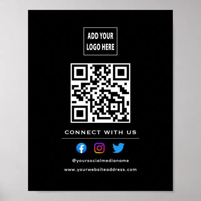 QR Code Follow Scan To Connect With Us Black White Poster | Zazzle