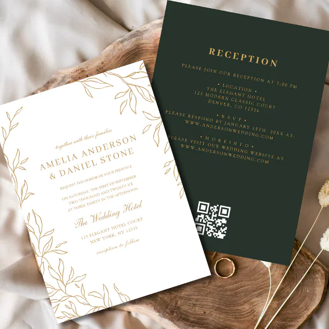 QR Code Green Gold Minimal Leaf Wedding Invitation | Zazzle