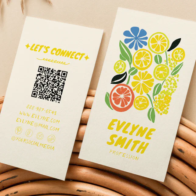 QR Code Hand Drawn Yellow Lemonade Retro Summer Business Card | Zazzle