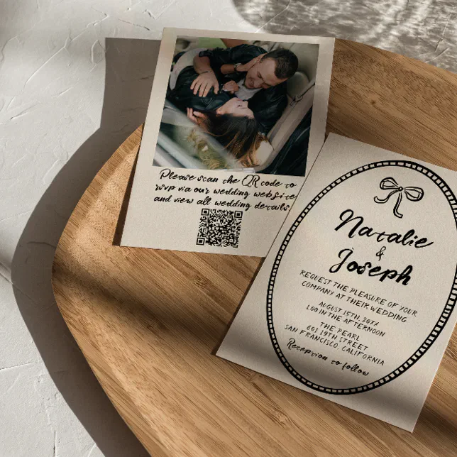 QR Code Hand Written Vintage Modern Photo Wedding Invitation | Zazzle