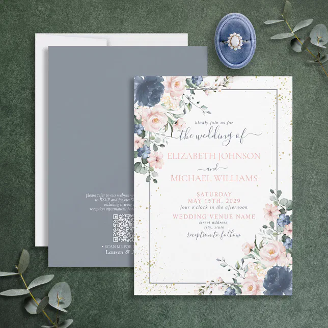 QR Code Light Dusty Blue Blush Pink Gold Floral Invitation | Zazzle