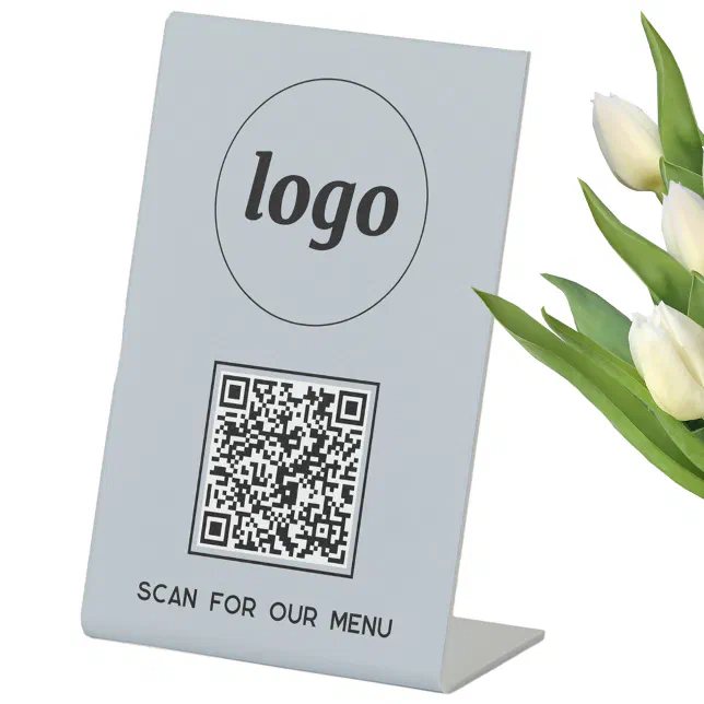 QR Code Logo Business Scan for Menu Light Blue Pedestal Sign | Zazzle