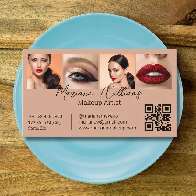 qr code makeup artist 4 photos collage brown business card | Zazzle