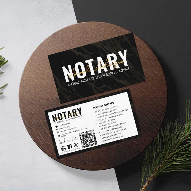 QR Code | Modern Black Marble Mobile Notary Public Business Card | Zazzle
