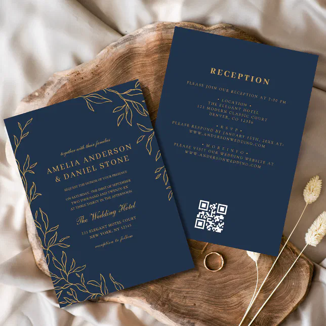 QR Code Navy Blue Gold Minimal Leaf Wedding Invitation | Zazzle