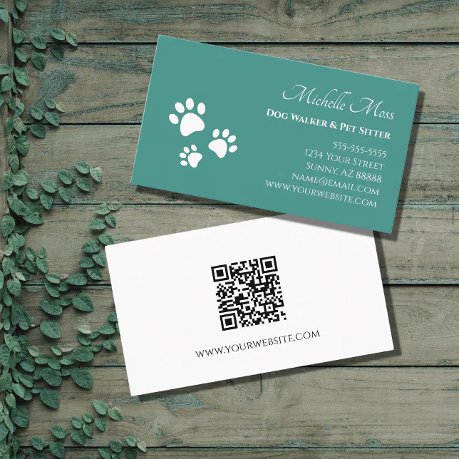 QR code Pet Sitter Paw Prints Teal Green Business Card | Zazzle