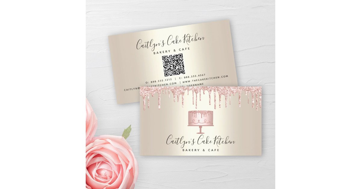QR Code Pink Cake Bakery Dessert Glitter Drip Gold Business Card | Zazzle