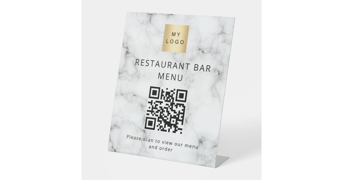 QR code restaurant cafe bar scan menu logo marble Pedestal Sign | Zazzle