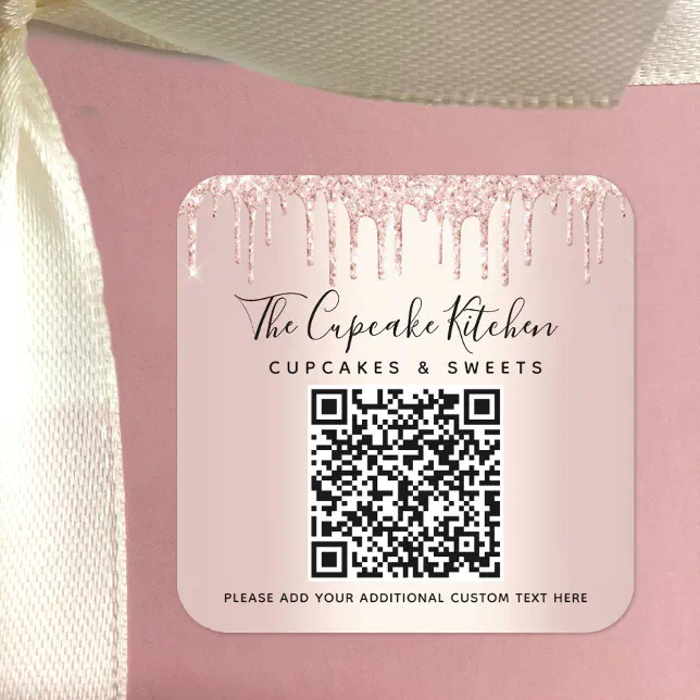 QR Code Rose Gold Glitter Drips Business Name Square Sticker | Zazzle