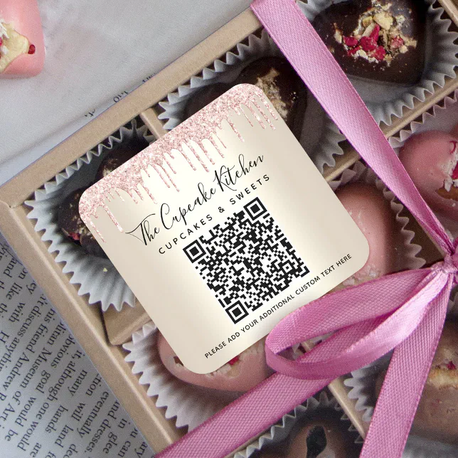 QR Code Rose Pink Glitter Drips Gold Business Name Square Sticker | Zazzle