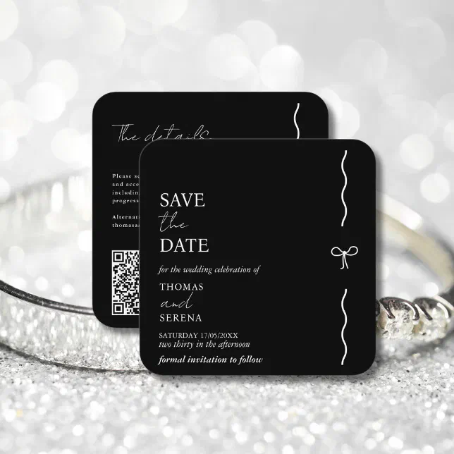 QR Code Save The Date Black White Curve Bow Card | Zazzle