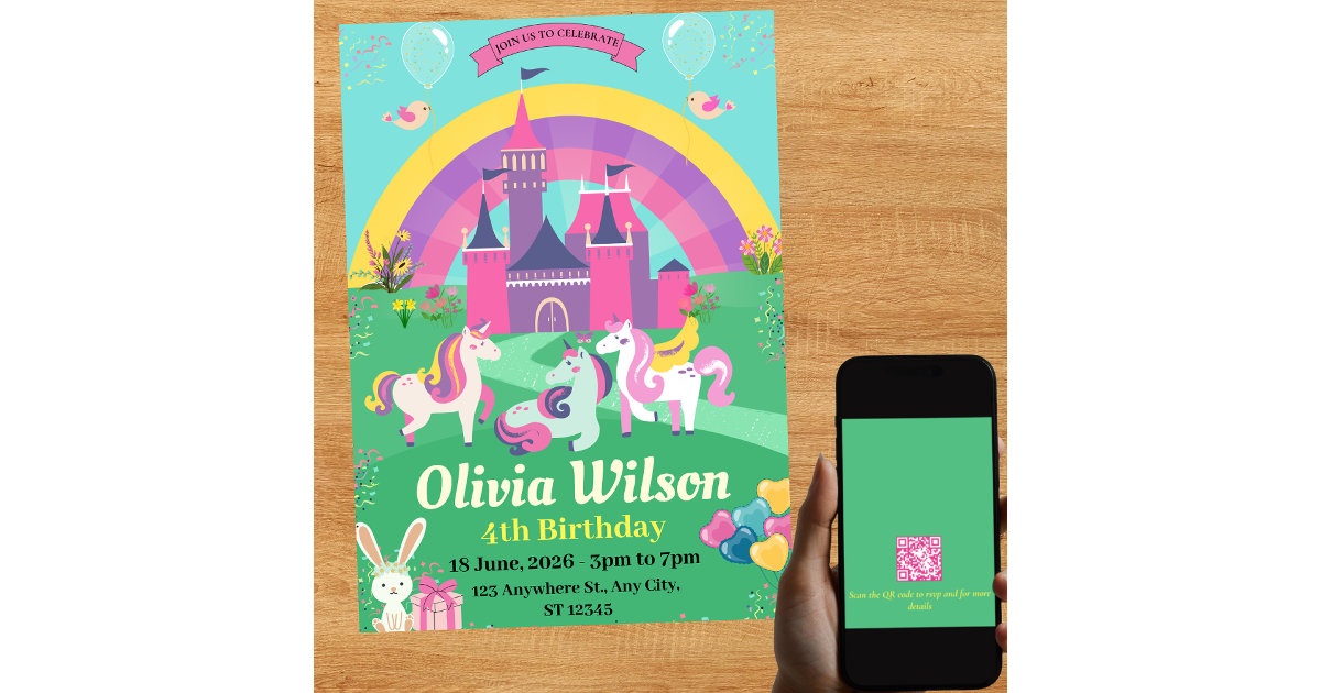 QR Code Unicorns Rainbow Magic Birthday Invitation | Zazzle