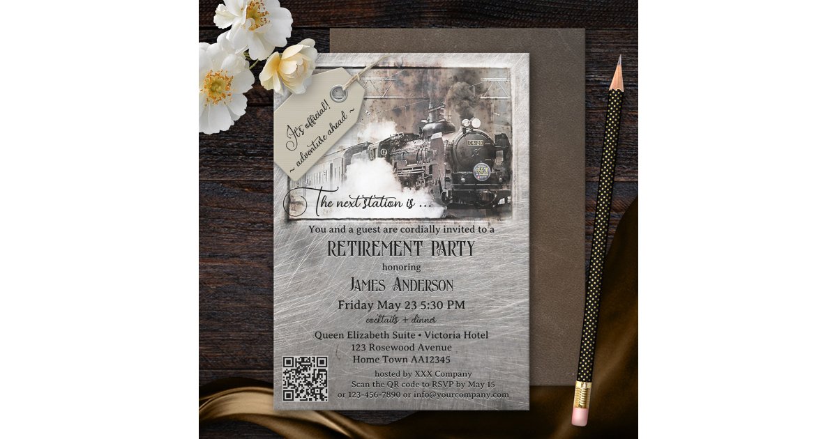 QR Code Vintage Train Retirement Party Invitation | Zazzle