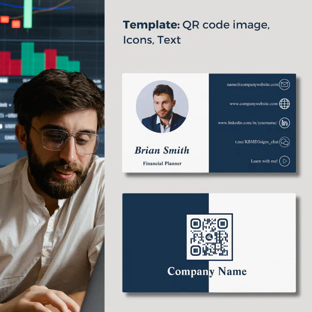 QR Code White and Blue Financial Planner Business Card | Zazzle