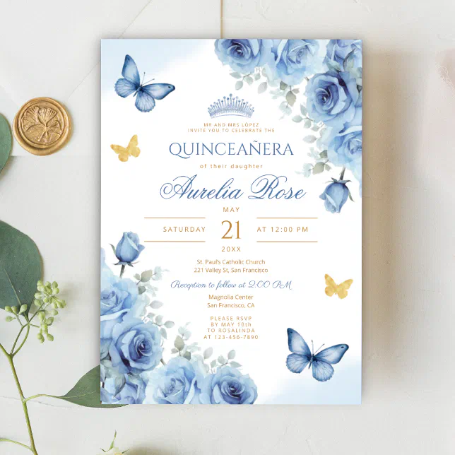 Quinceañera Blue Floral Gold Butterfly Tiara Invitation | Zazzle