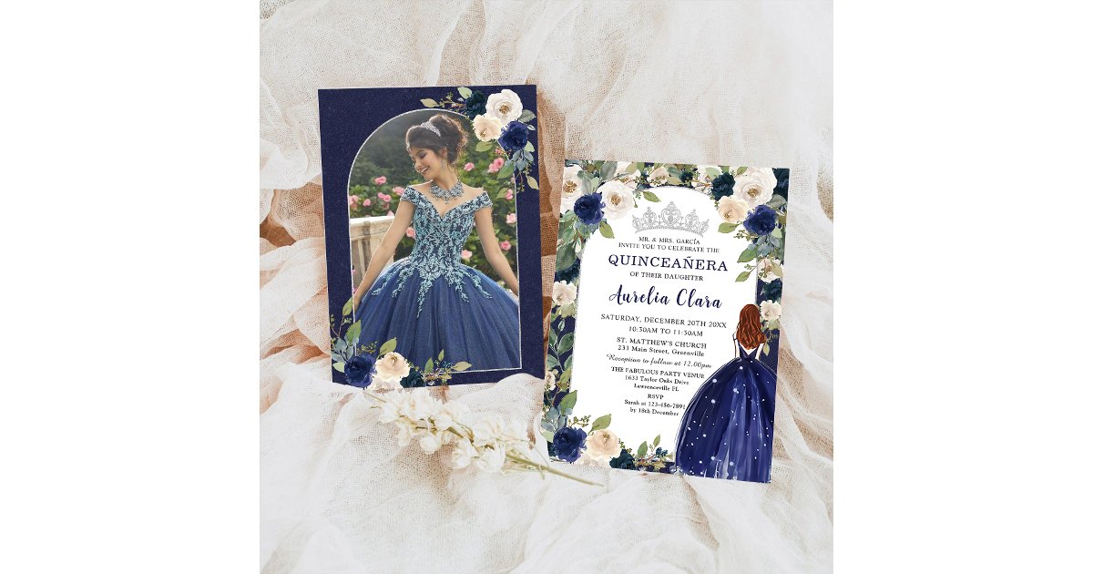 Quinceañera Blue Floral Princess Birthday Photo Invitation | Zazzle