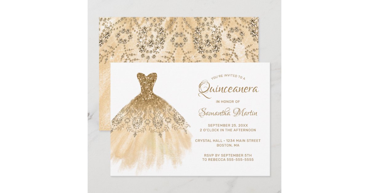 Quinceanera Chic Gold Dress Party Invitation | Zazzle