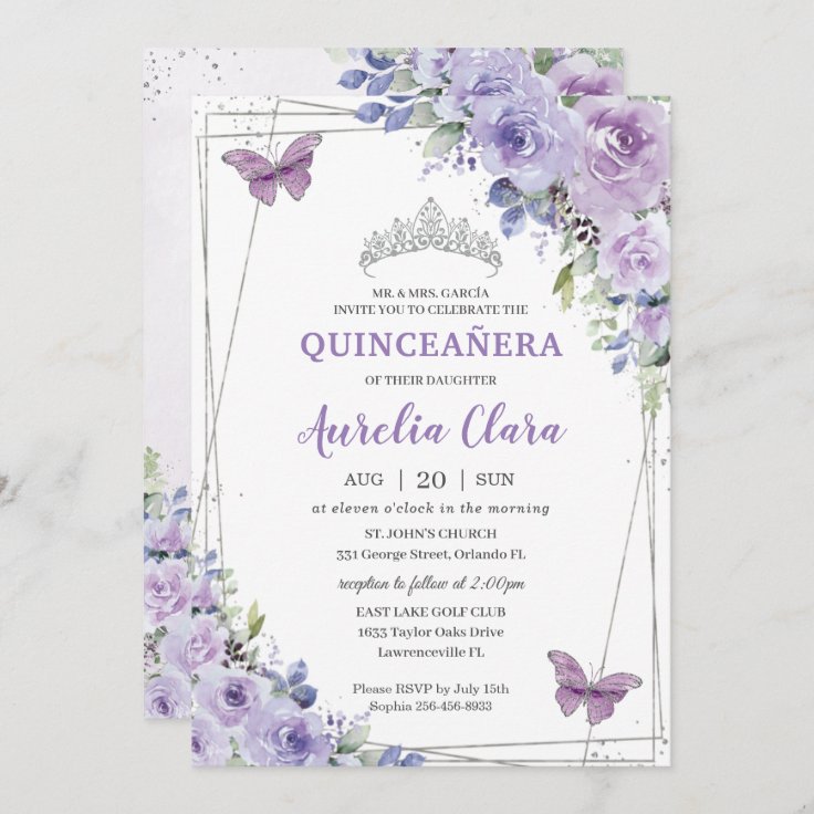 Quinceañera Purple Lilac Floral Butterflies Silver Invitation | Zazzle