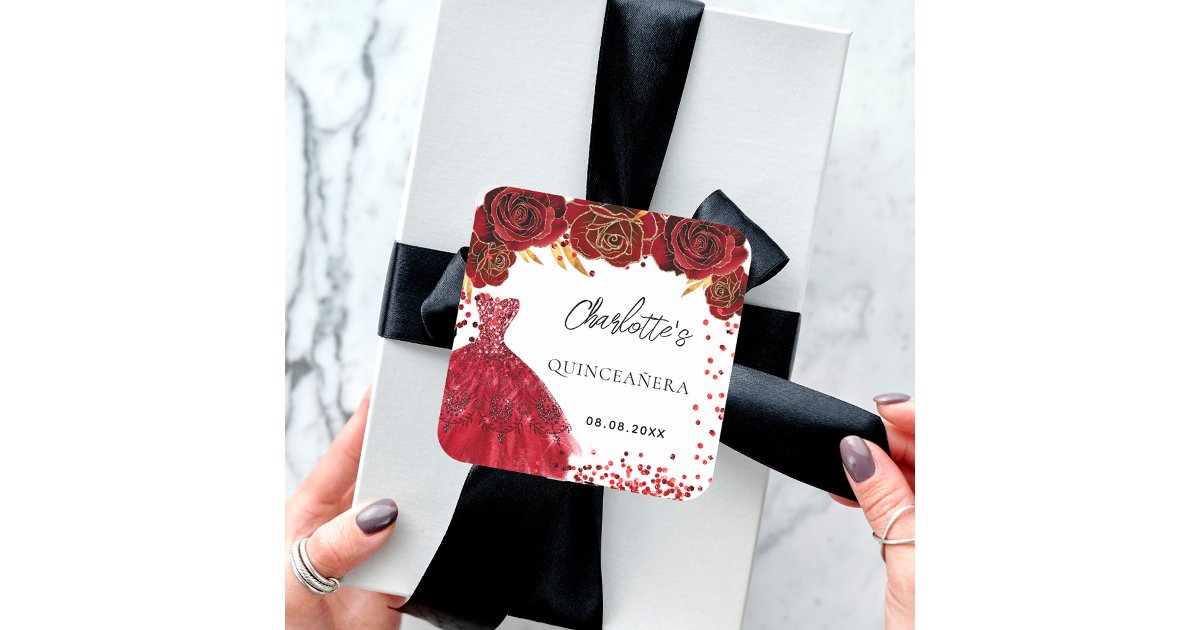 Quinceanera red dress flowers white square sticker | Zazzle