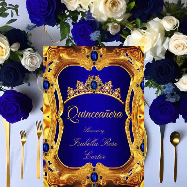 Quinceanera Royal Blue Ultra Gold Tiara Party Invitation | Zazzle