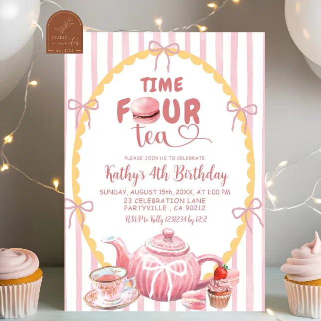 Quirky Illustration Time FOUR tea 4th Birthday Invitation | Zazzle