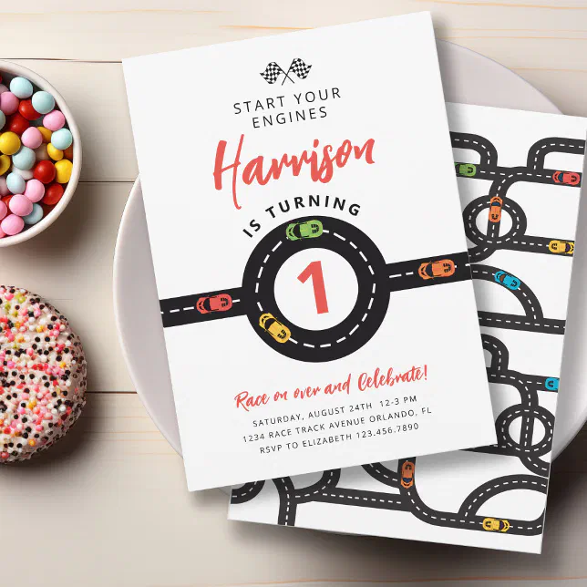 Race Cars Circle Track Boys 1st Birthday Invitation | Zazzle