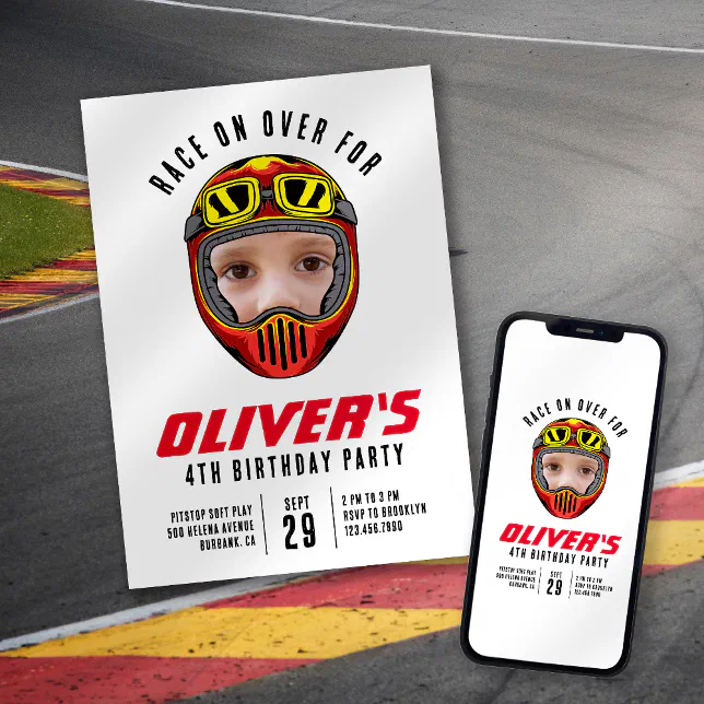 Racing Helmet Photo Birthday Party Invitation | Zazzle