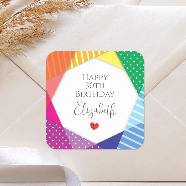 Rainbow Colours Festival Themed Happy 30th Birthda Square Sticker | Zazzle