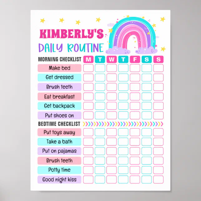 Rainbow Girl Daily Routine, Kid Everyday Checklist Poster | Zazzle