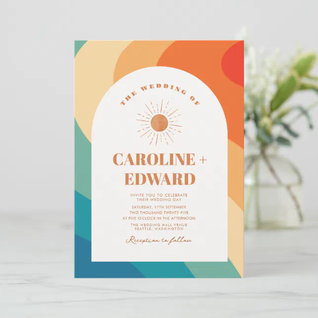 Rainbow Groovy Colourful Wavy Boho Wedding Qr Code Invitation | Zazzle