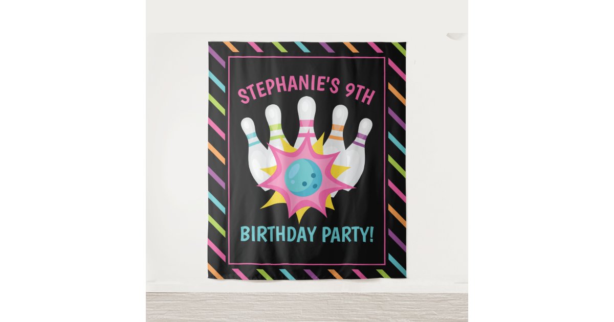 Rainbow Neon Bowling Birthday Party Photo Backdrop Tapestry | Zazzle