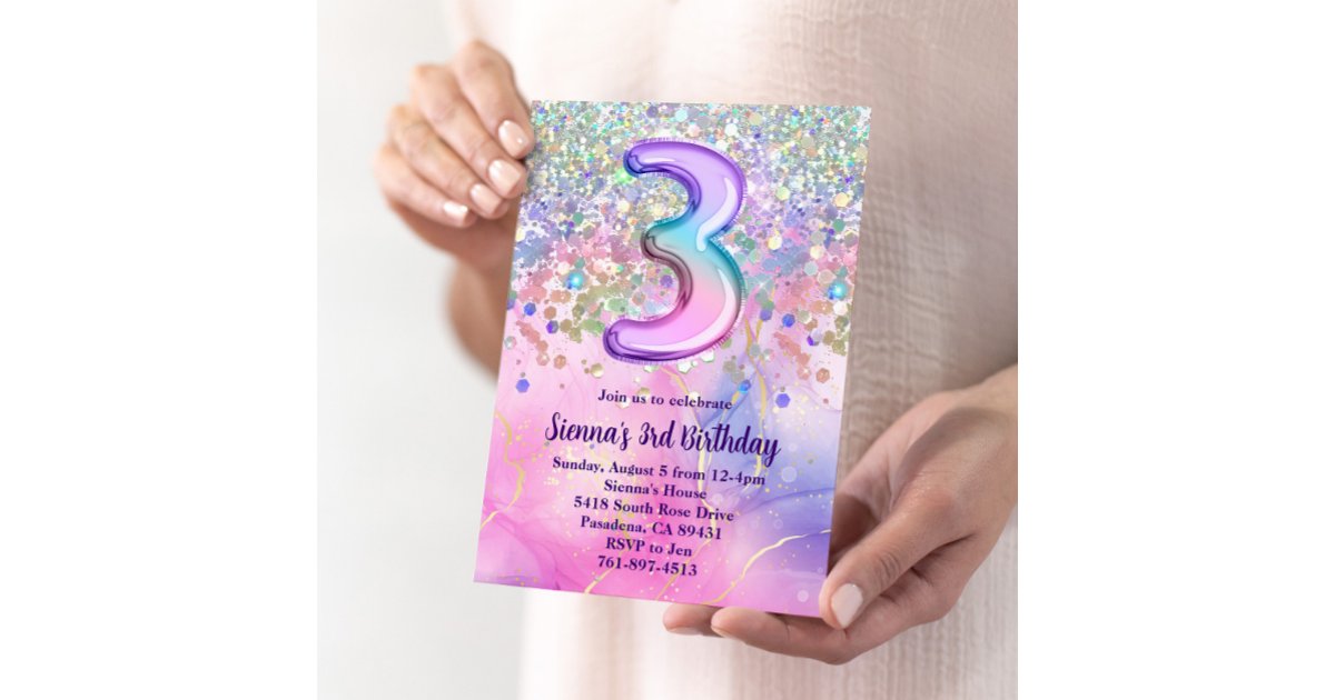 Rainbow Sparkle Glitter 3rd Birthday Party Invitation | Zazzle
