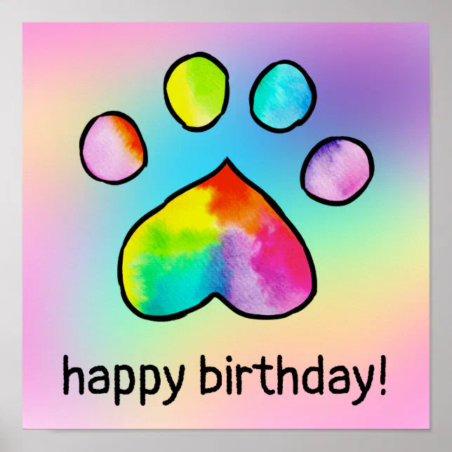 Rainbow Watercolor Paw Print Birthday Party Poster | Zazzle