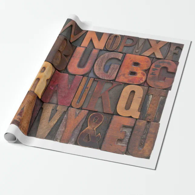 random alphabet letters - vintage letterpress wood wrapping paper | Zazzle