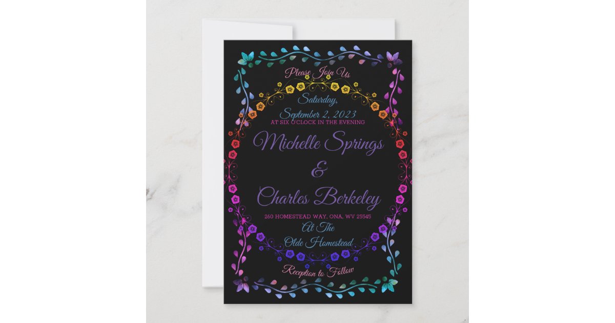 Rave Neon Glow Floral Black Wedding Invitation | Zazzle