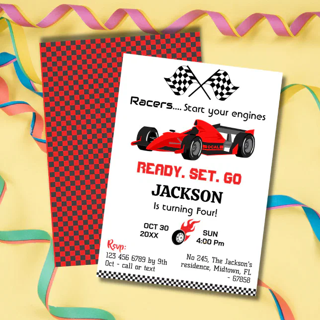 Ready set go red racing car modern 4th birthday invitation | Zazzle