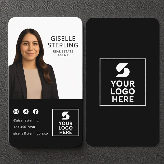 Real Estate Agent Black White Photo Logo Portrait Business Card | Zazzle