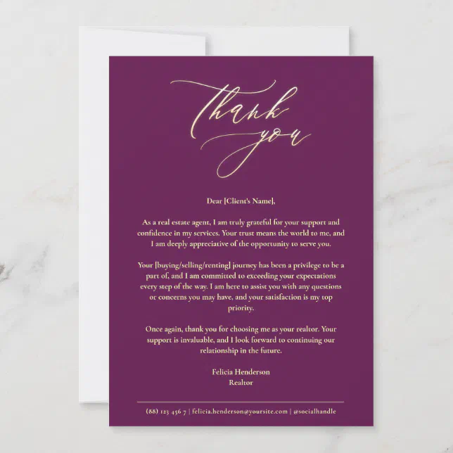 Real Estate Agent Gold Grateful Appreciation Thank You Card | Zazzle