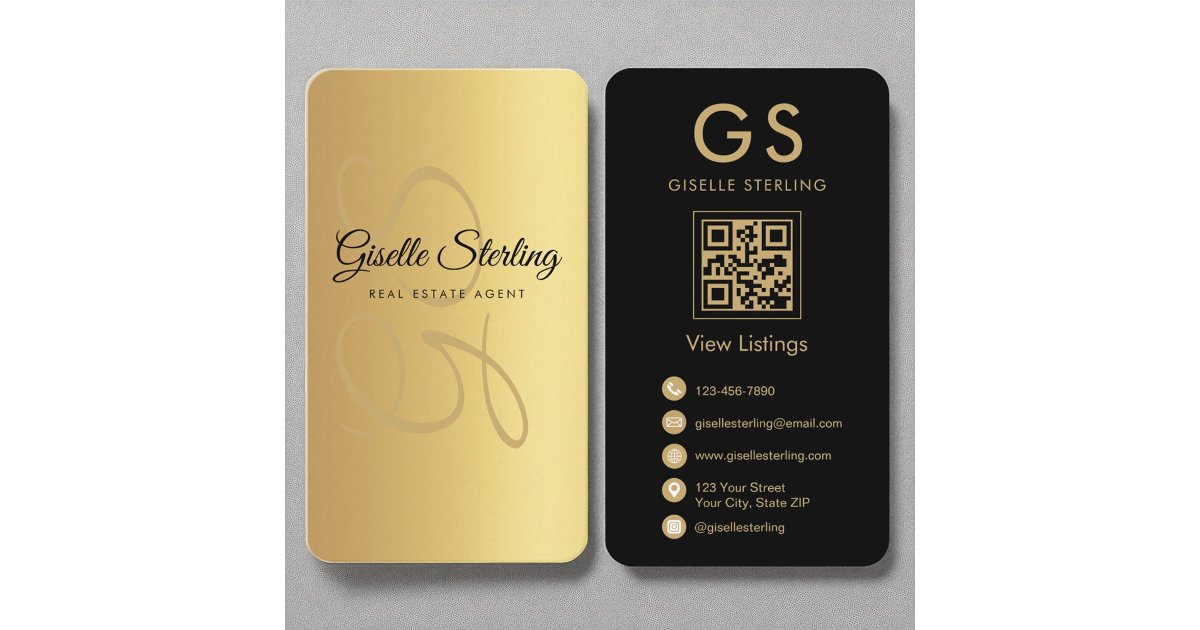 Real Estate Agent Monogram Gold Black QR Code Business Card | Zazzle