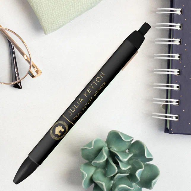 Real Estate House Logo Greek Key Frame Black Gold Ink Pen | Zazzle
