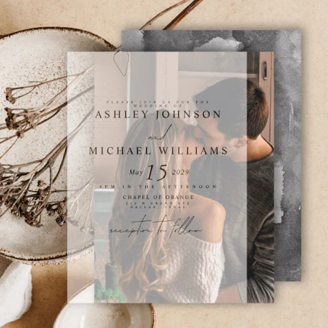 Real Vellum Overlay Watercolor Photo Wedding Invitation | Zazzle