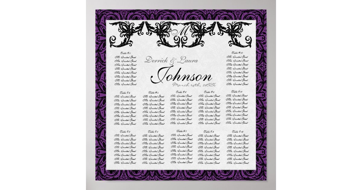 Reception Table Seating Chart, Black White Damask Poster | Zazzle