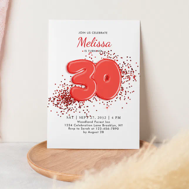 Red 30th Balloons Confetti Adult Birthday Invitation | Zazzle
