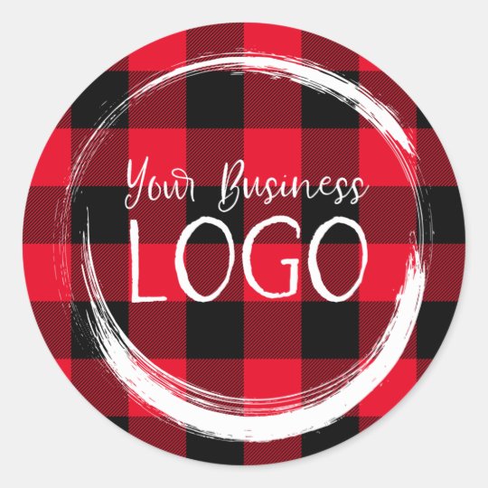 Red and Black Buffalo Plaid Business Logo Classic Round Sticker ...