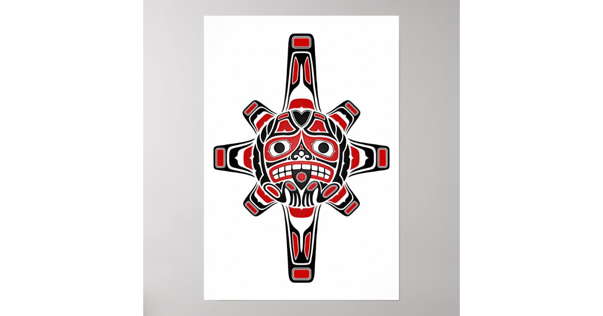 Red and Black Haida Sun Mask on White Poster | Zazzle