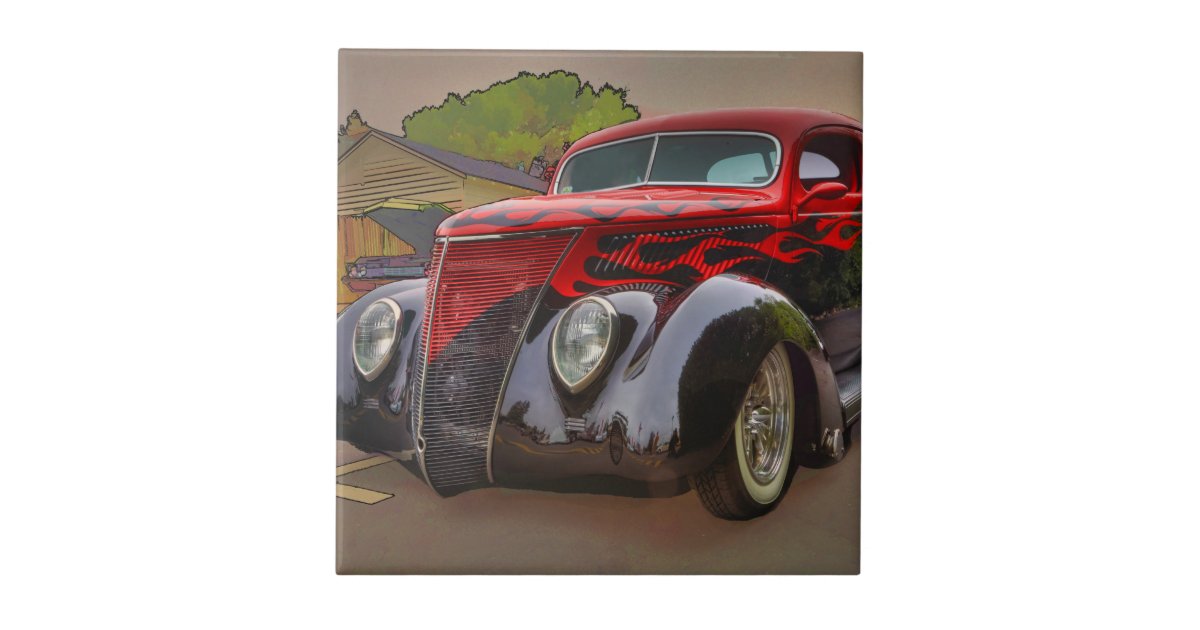 RED AND BLACK VINTAGE CAR TILE | Zazzle