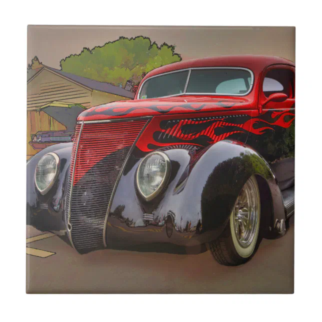 RED AND BLACK VINTAGE CAR TILE | Zazzle