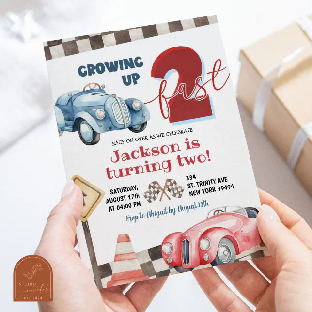 Red and Blue Racing Car Two Fast Boy 2nd Birthday Invitation | Zazzle